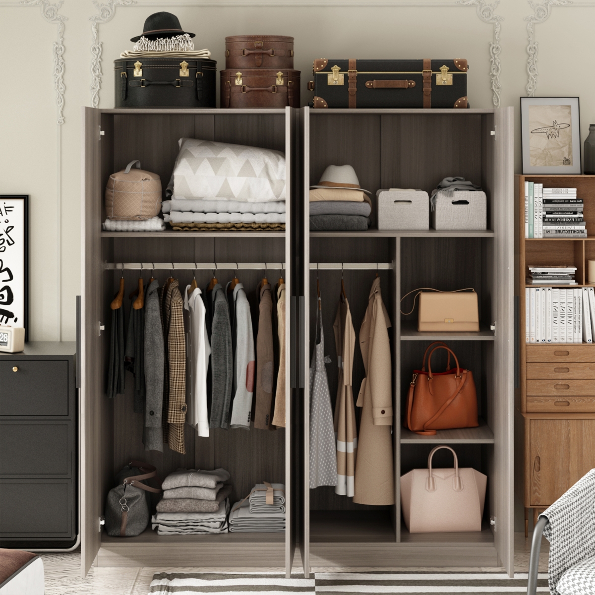 Click here for Famapy Grey Wood 4-Door Wardrobe Armoires with Han... prices