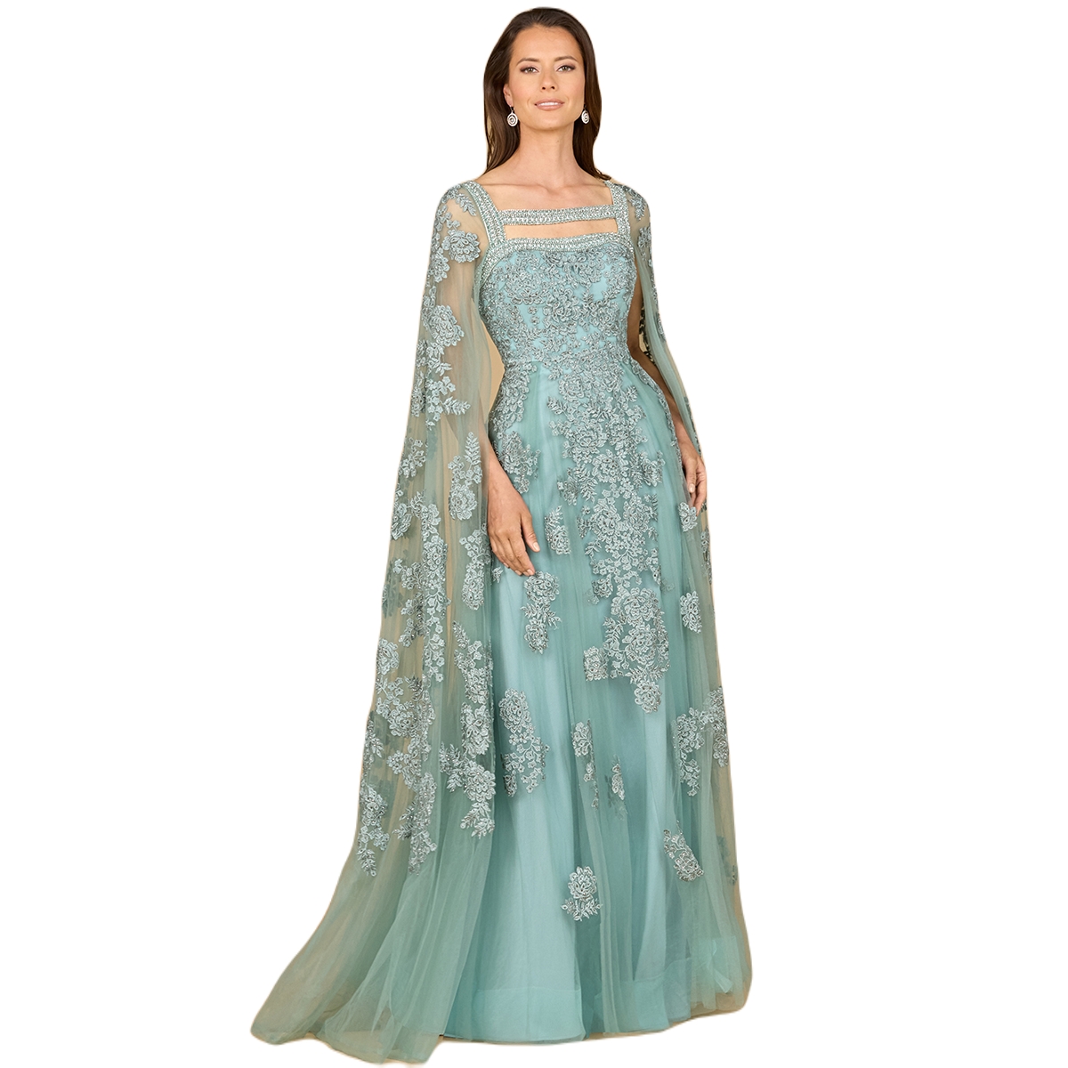 Click here for Lara Womens Lace gown with long cape sleeves - Dar... prices