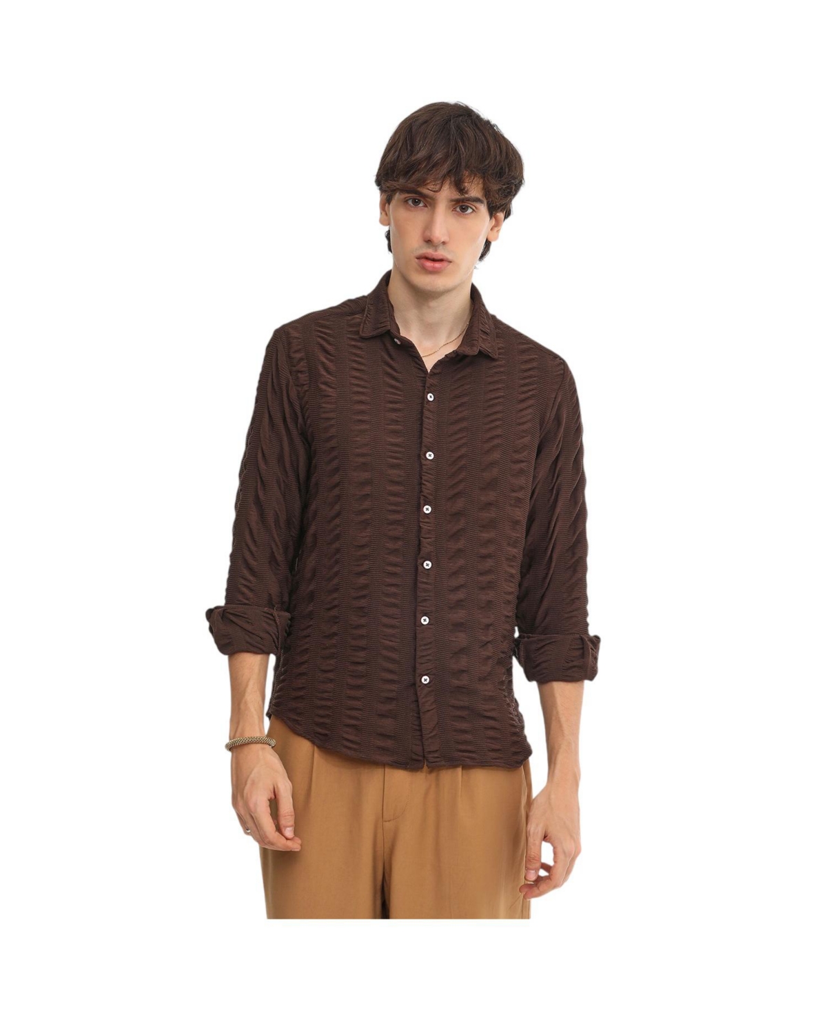 Click here for Mens Chocolate Brown Chunky-Seersucker Shirt - Red prices