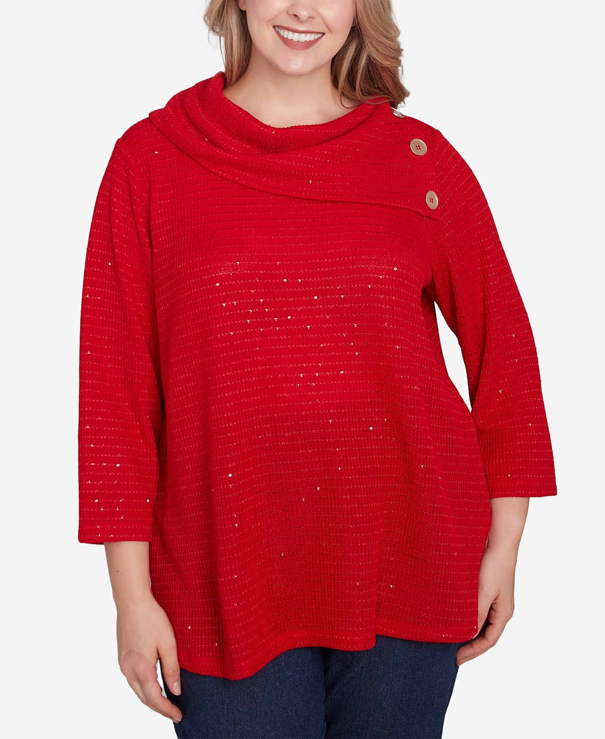 Click here for Ruby Rd. Plus Size Split Cowl Neck Sequin Knit Top... prices