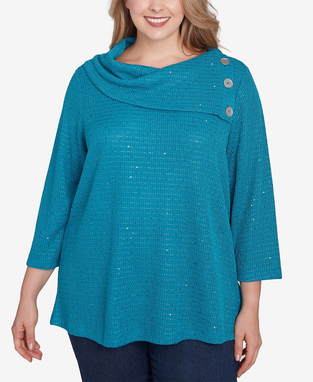 Click here for Ruby Rd. Plus Size Split Cowl Neck Sequin Knit Top... prices