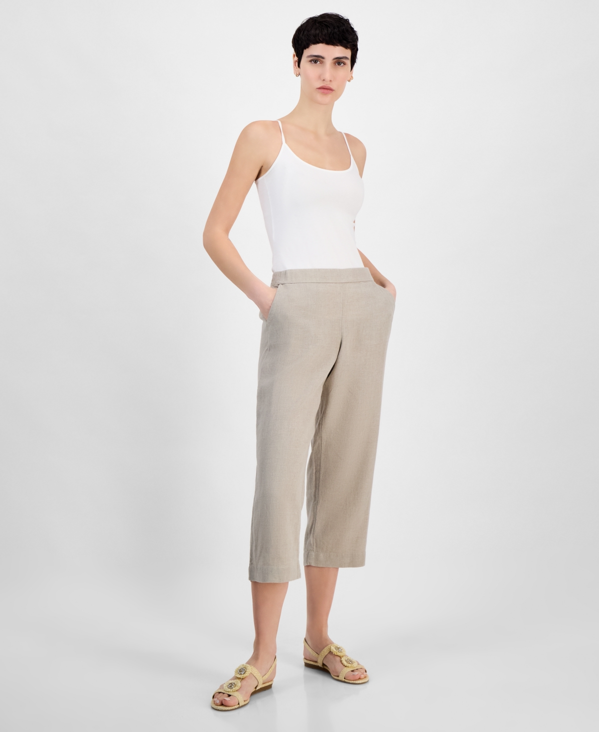 Click here for Charter Club Womens 100 Linen Solid Cropped Pull-O... prices