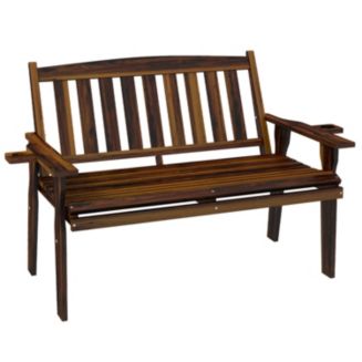 Wood Outdoor Bench, 2-Person Garden Bench with Cupholder Armrests ...