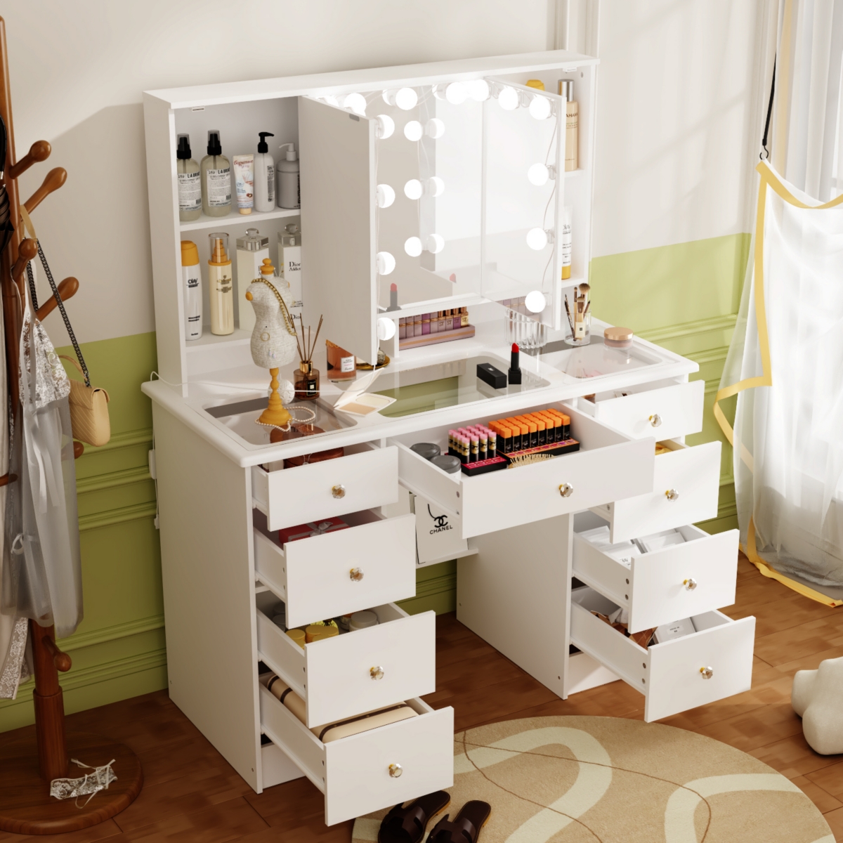 Click here for Famapy White Makeup Vanity Desk 9 Drawers Wood Dre... prices