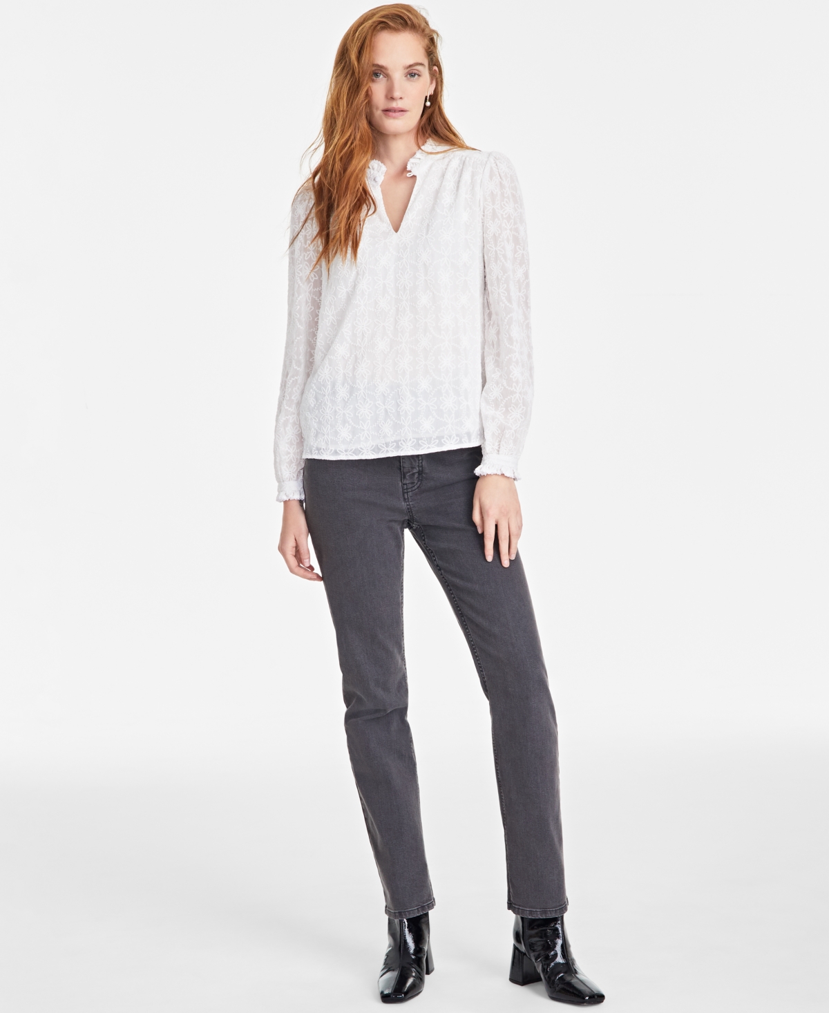Click here for On 34th Womens Embroidered Chiffon Ruffled-Neck To... prices