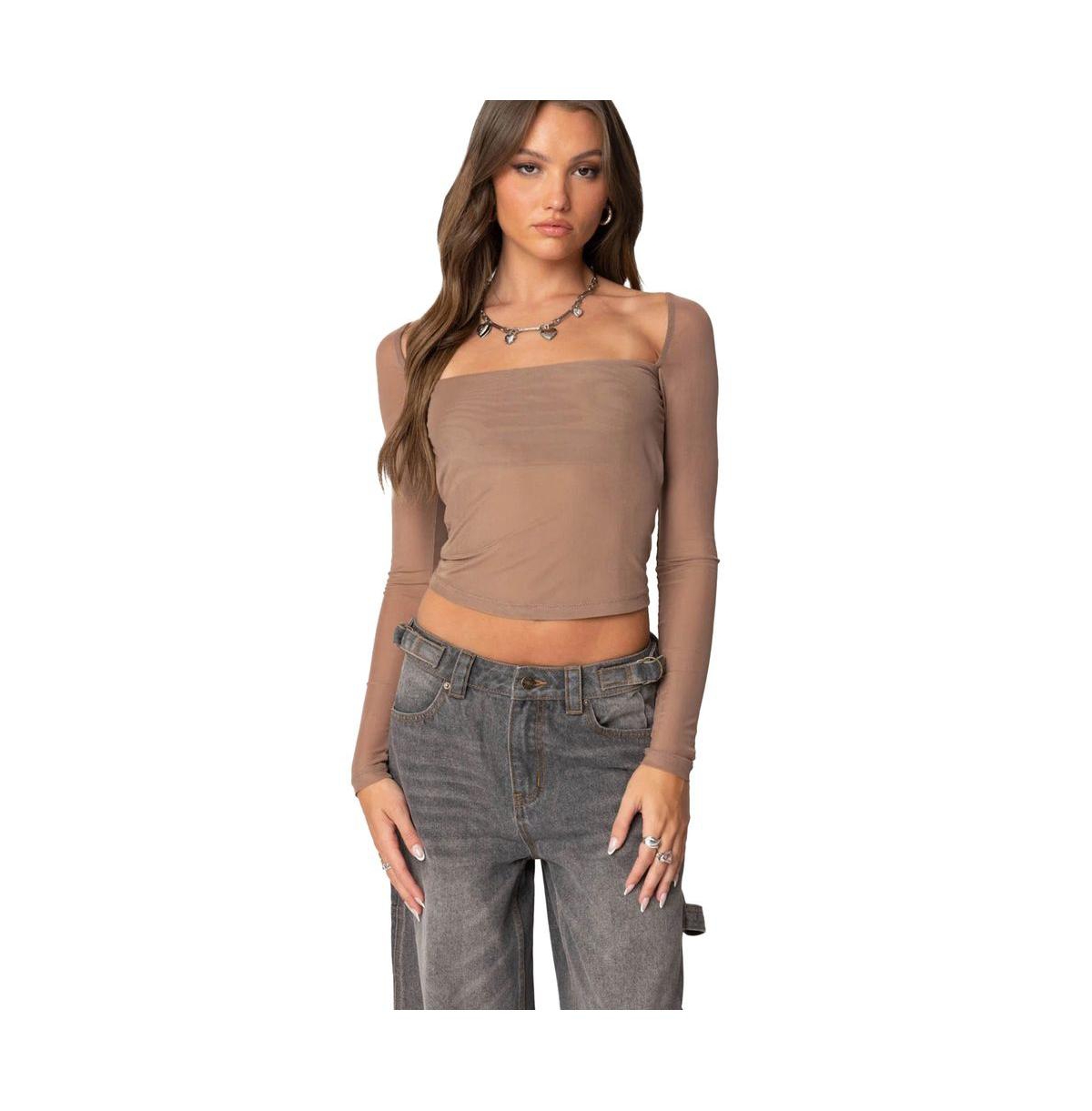 Click here for Edikted Womens Marta Mesh Top - Brown prices