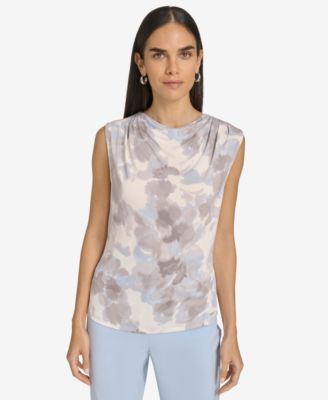 Calvin Klein Women's Printed Cowlneck Pleated-Shoulder Top - Macy's