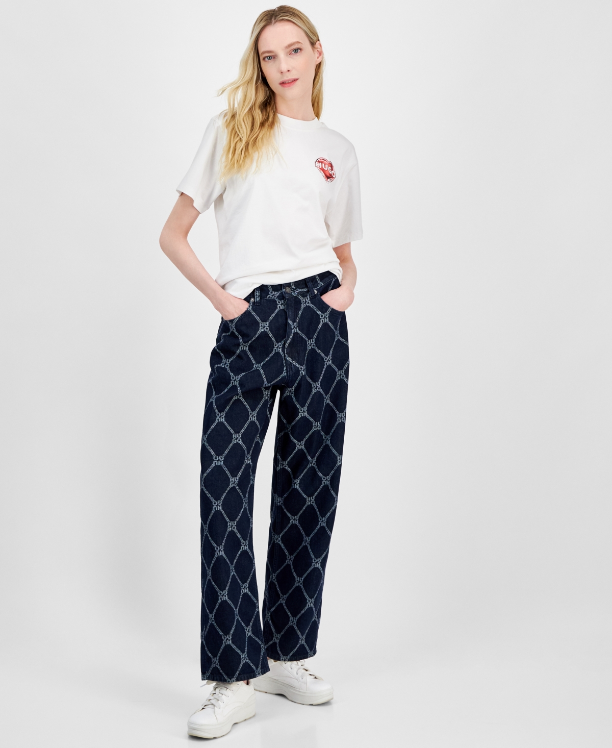 Click here for Hugo Womens Chain-Print Jeans - Navy prices