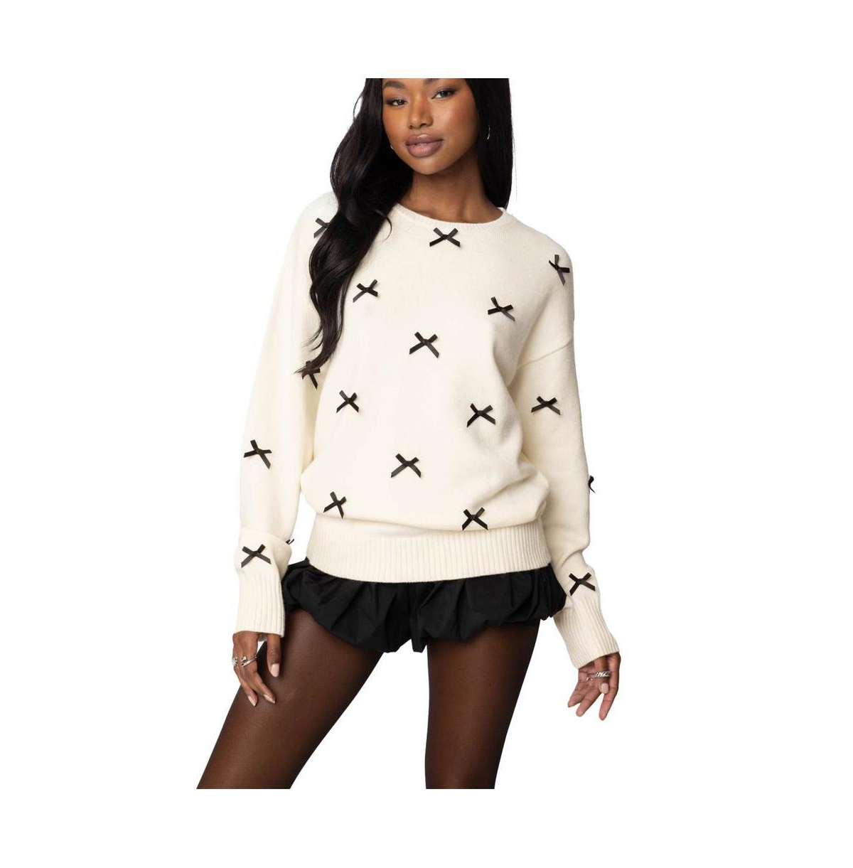 Click here for Edikted Womens Satin Bow Oversized Sweater - Cream prices