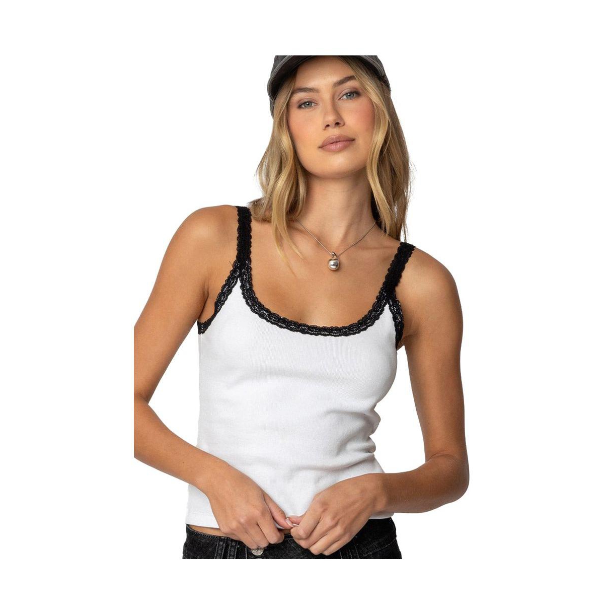 Click here for Edikted Womens Jude Lacey Ribbed Tank Top - White prices