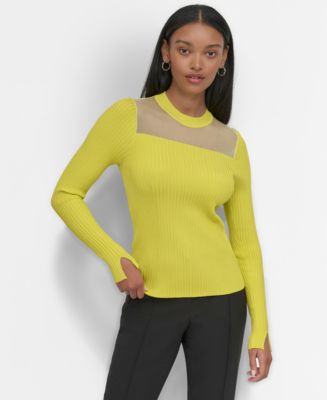 DKNY Women's Ribbed Split-Cuff Sheer-Bib Sweater - Macy's