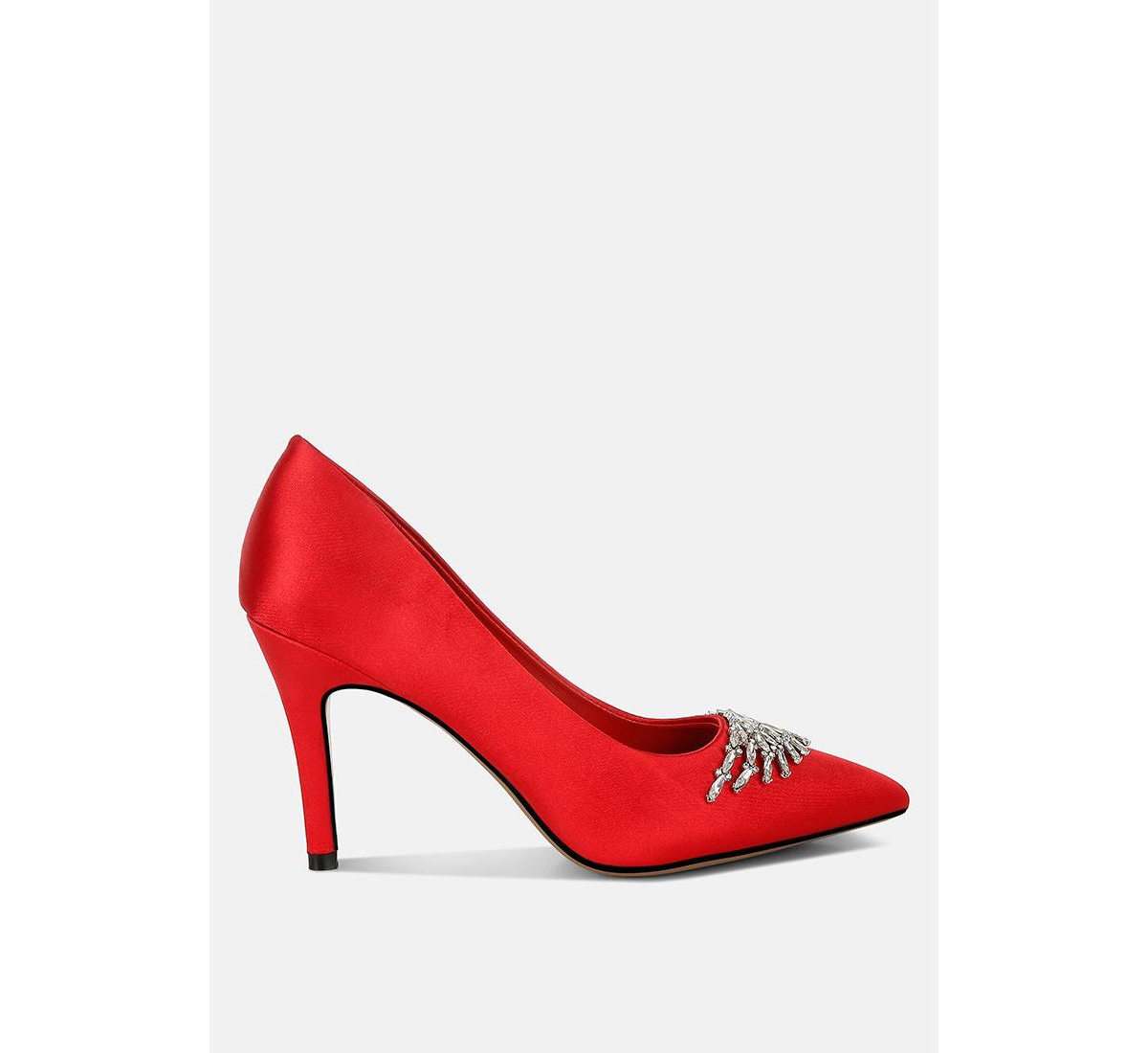 Click here for Rhodolia Diamante Brooch Detail Satin Pumps - Red prices