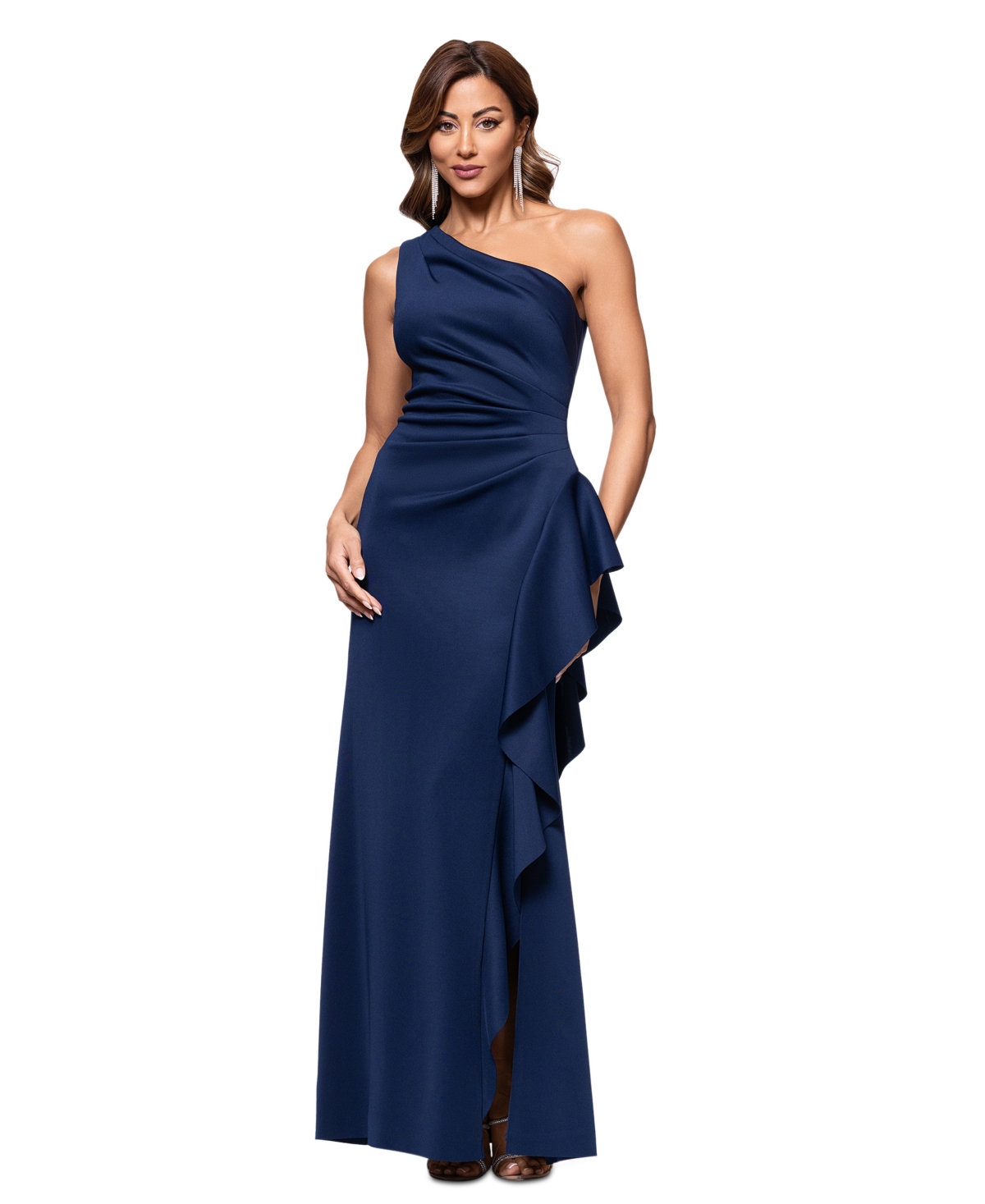 Click here for Xscape Womens Ruffled One-Shoulder Scuba Gown - Mi... prices