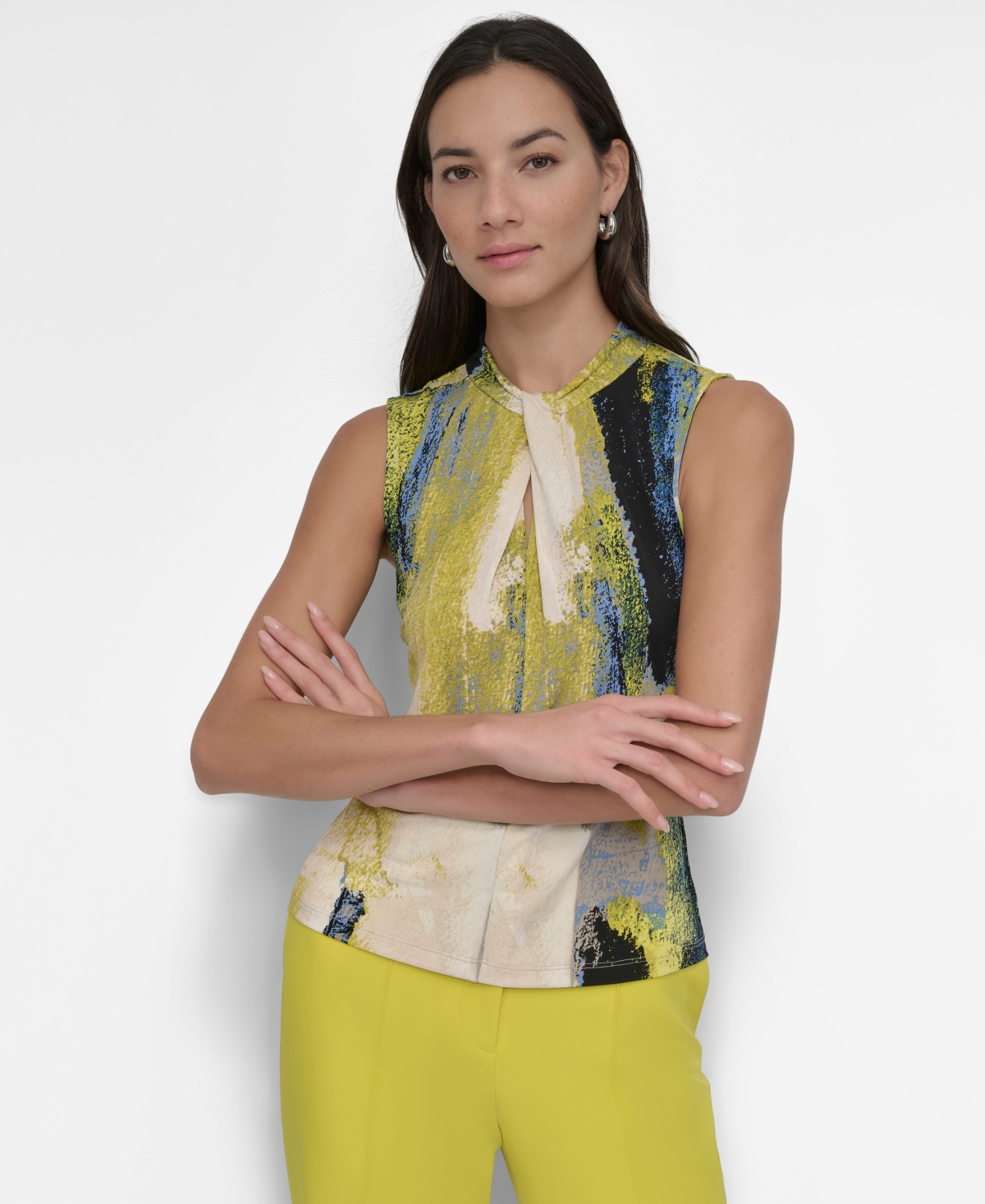 Click here for Dkny Petite Printed Twisted Crewneck Keyhole Sleev... prices