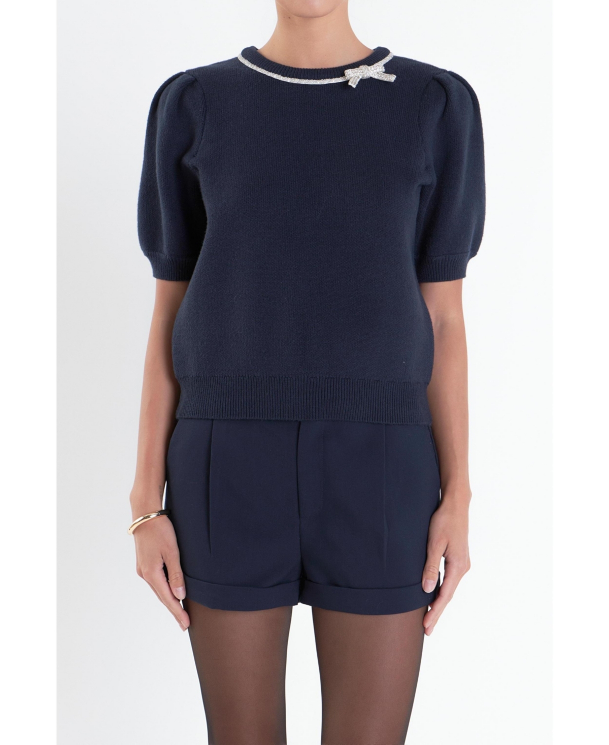 Click here for English Factory Womens Rhinestone Bow Knit - Navy prices