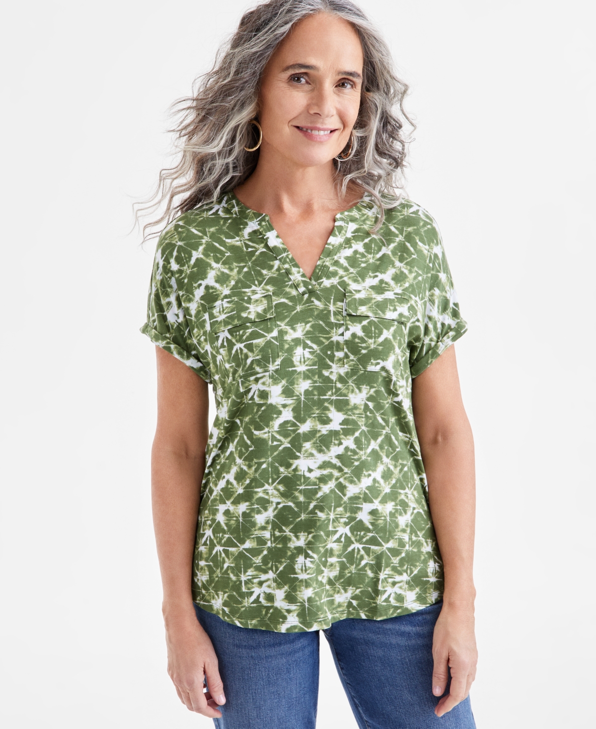 Click here for Style & Co Womens Printed Split-Neck Short-Sleeve... prices