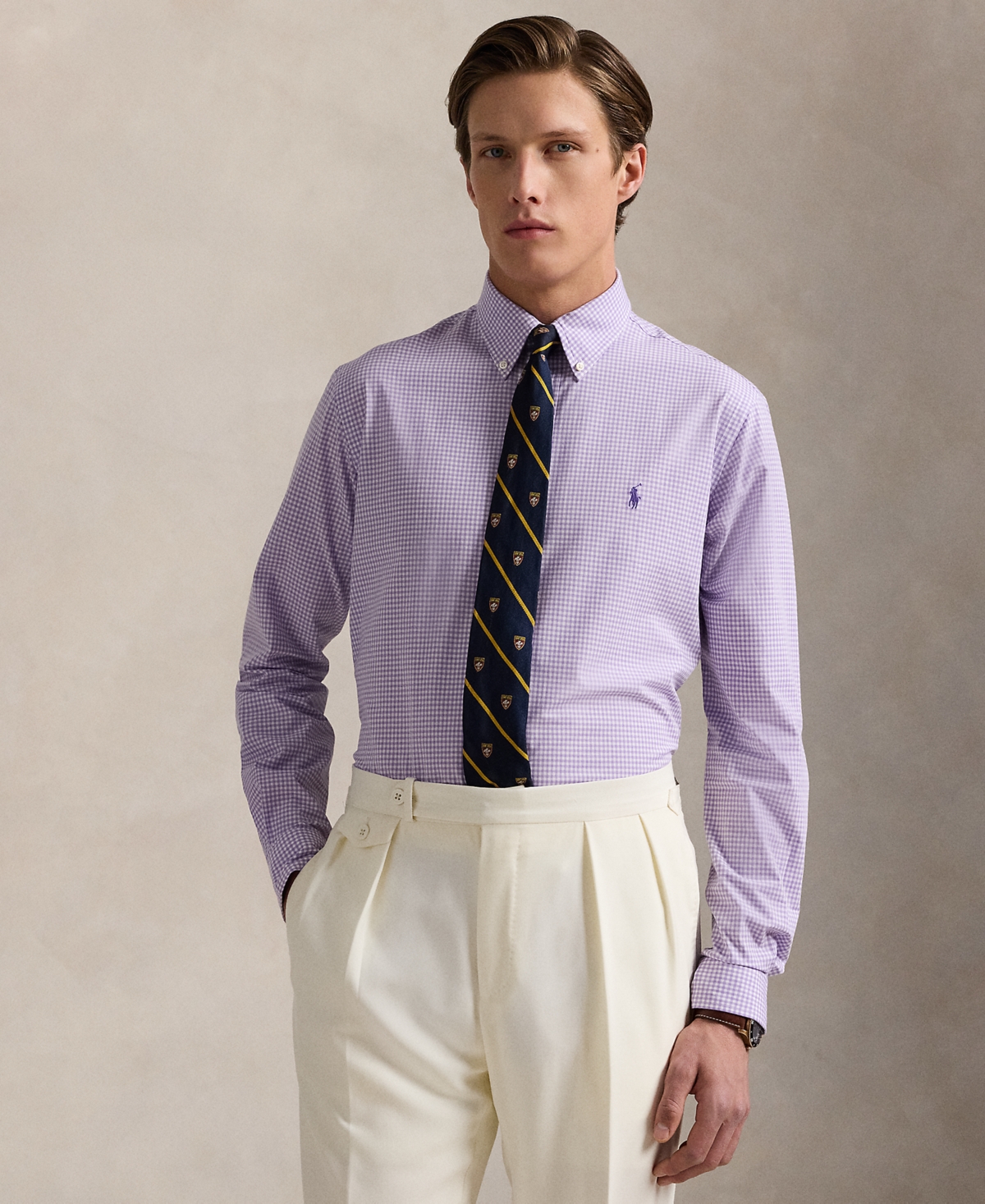 Polo Ralph Lauren Mens Classic-Fit Gingham Stretch Poplin Shirt - Purple/White