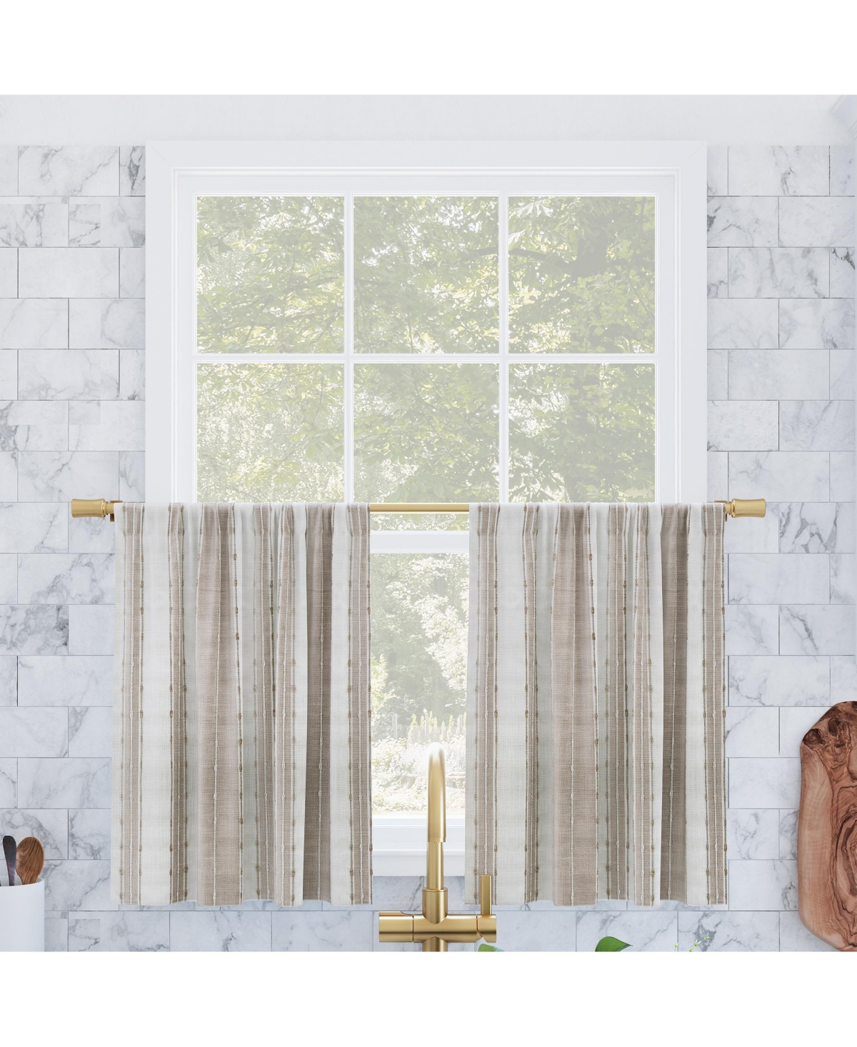 Slub Texture Stripe Cotton Cafe Curtain Pair - Linen/white