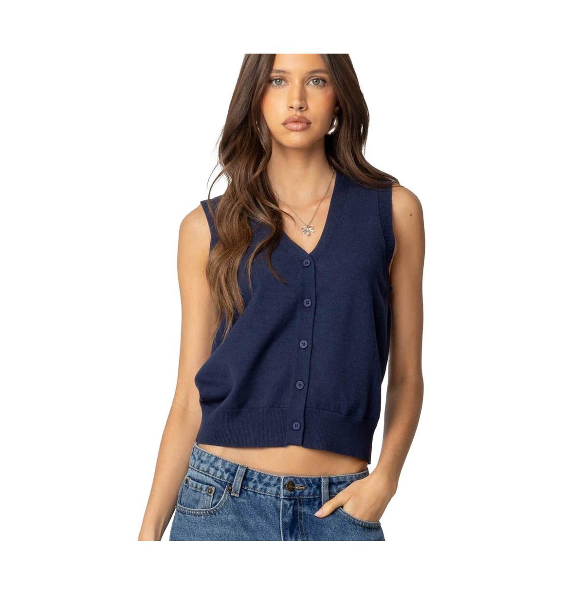 Edikted Womens Cam Button Up Knit Vest Top - Navy