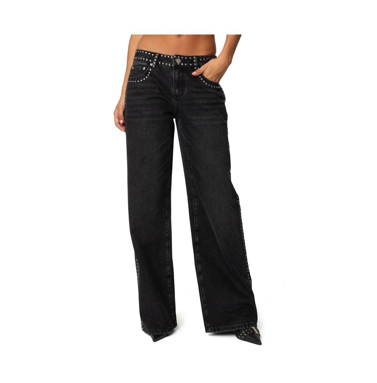 Click here for Edikted Womens Quincy Studded Low Rise Jeans - Bla... prices