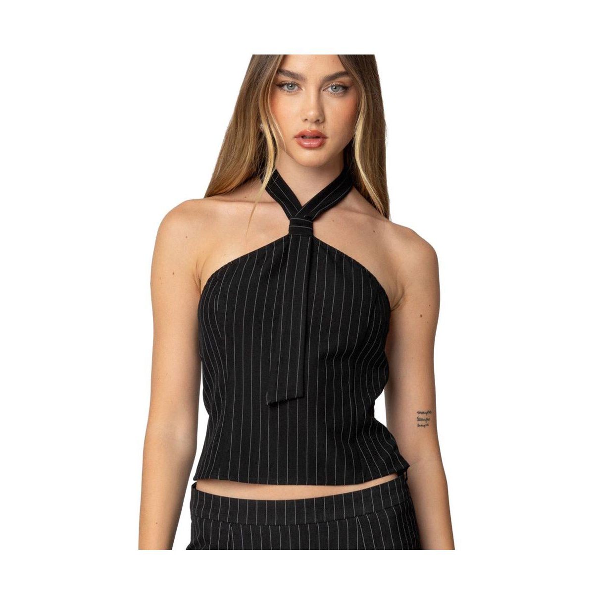 Click here for Edikted Womens Karine Pinstripe Halter Top - Black prices