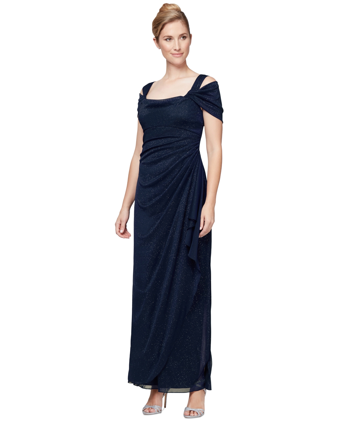 Click here for Alex Evenings Cold-Shoulder Draped Metallic Gown -... prices