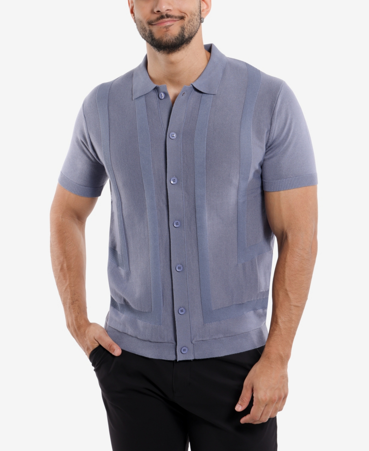 Spring + Mercer Mens Classic Ribbed Texture Polo Sweater - Slate blue