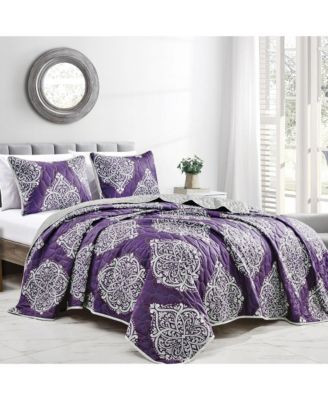 MarCielo 3 Piece Damask Printed Quilt Set Lightweight Bedspread Set ...