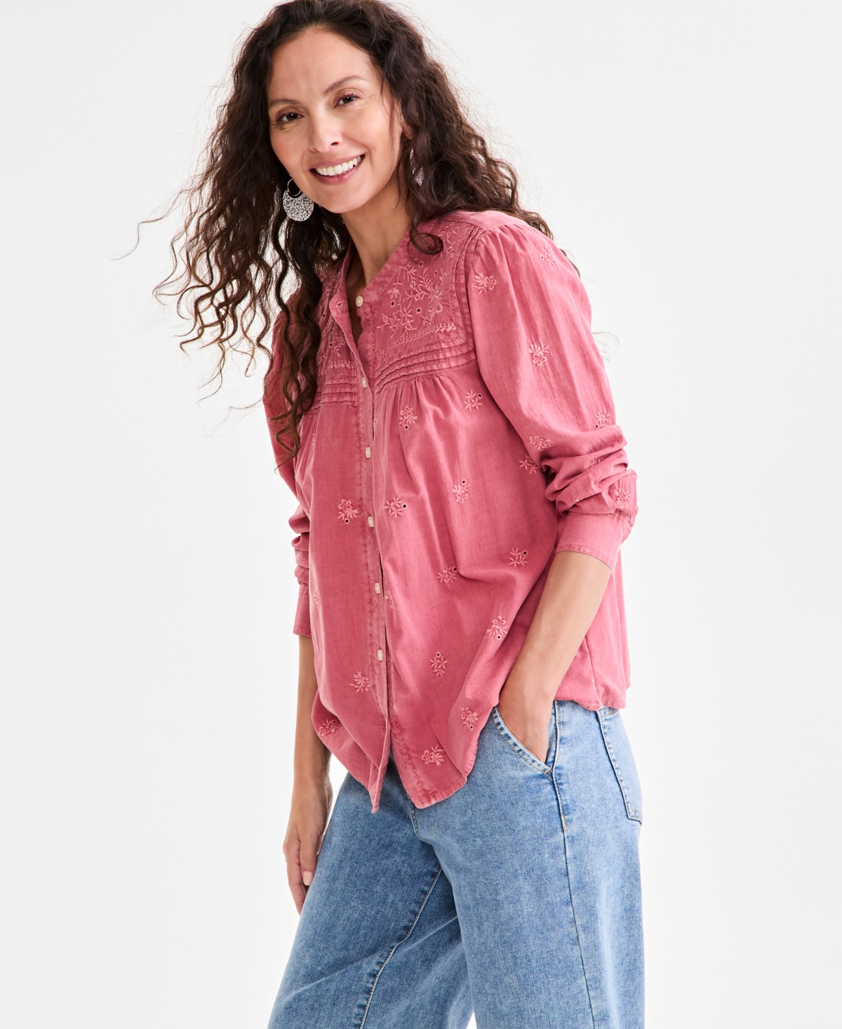 Click here for Style & Co Womens Embroidered Cotton Button-Front... prices