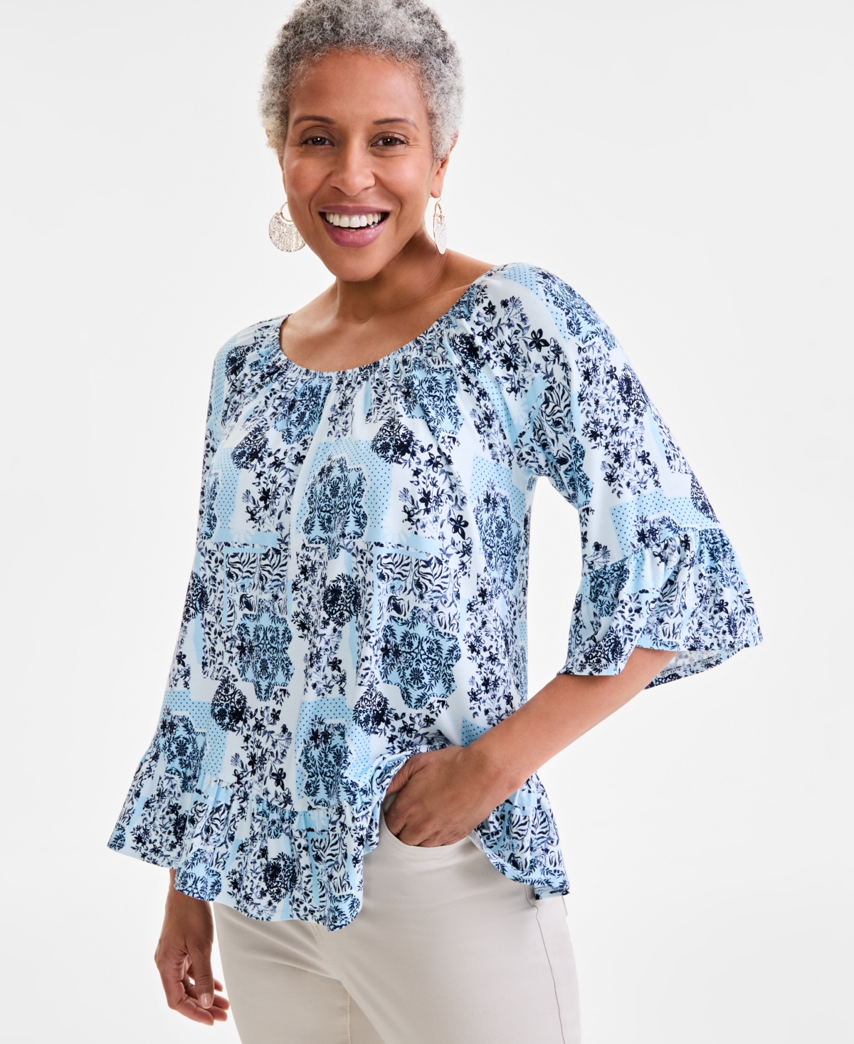Click here for Style & Co Petite Printed On/Off-The-Shoulder Top... prices