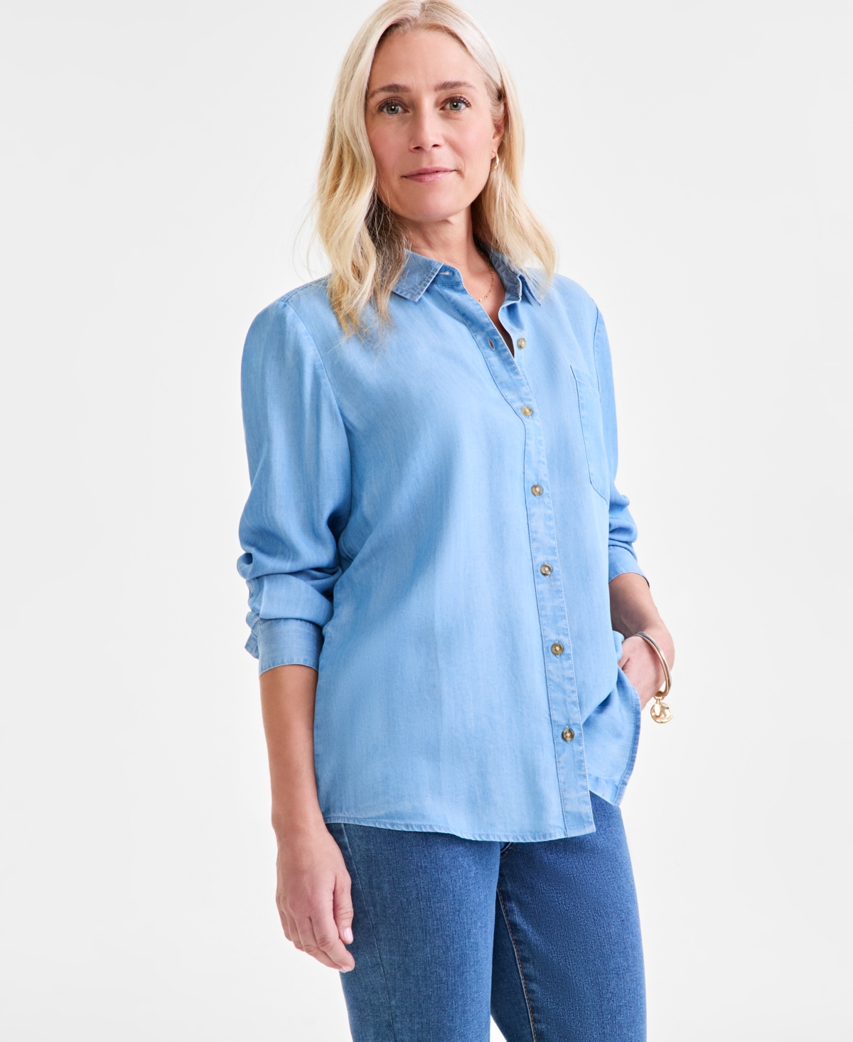 Click here for Style & Co Womens Chambray Perfect Button-Up Shirt... prices