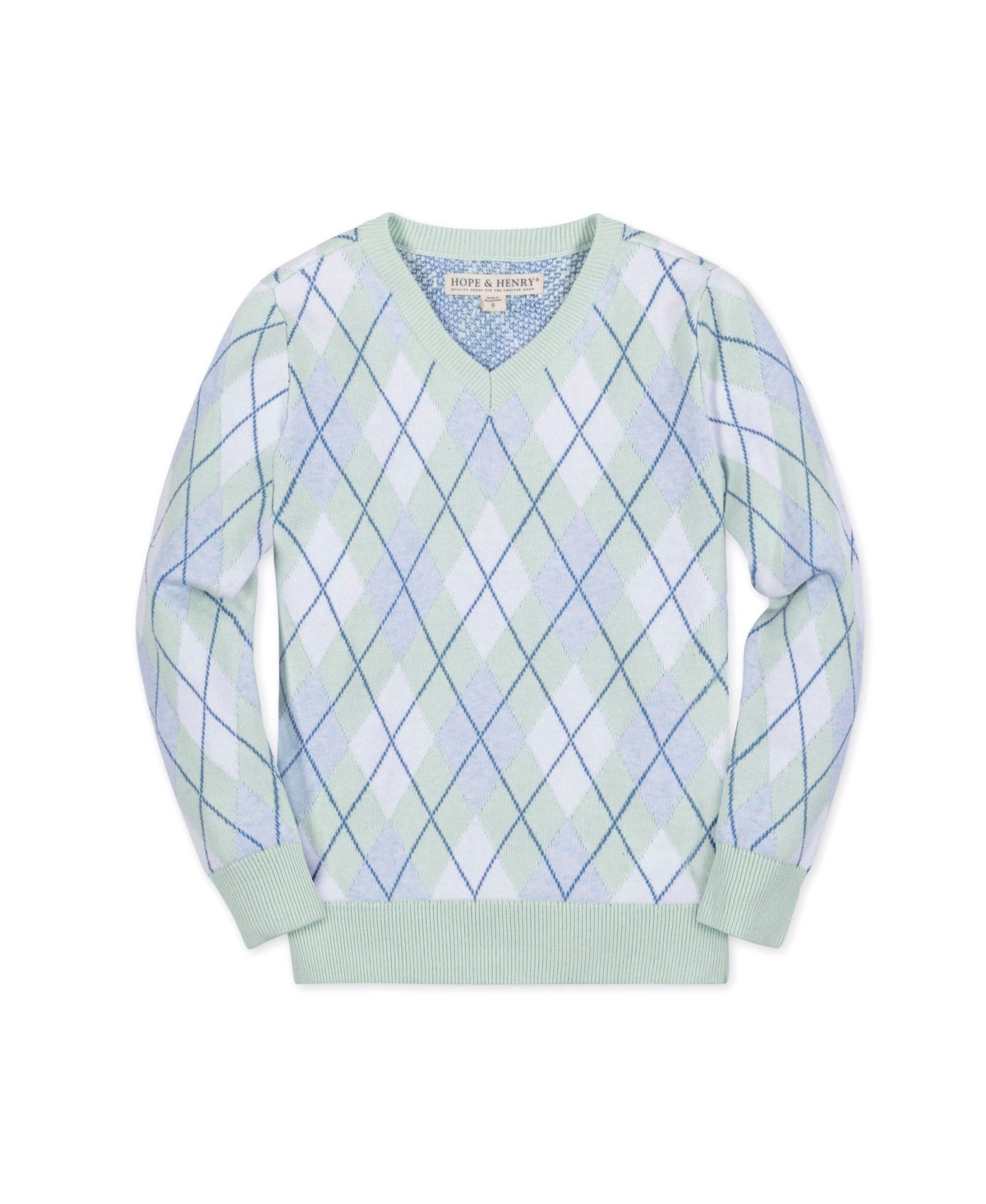 Hope & Henry Boys Organic Long Sleeve Fine Gauge V-Neck Sweater  Kids - Coastal cottage argyle