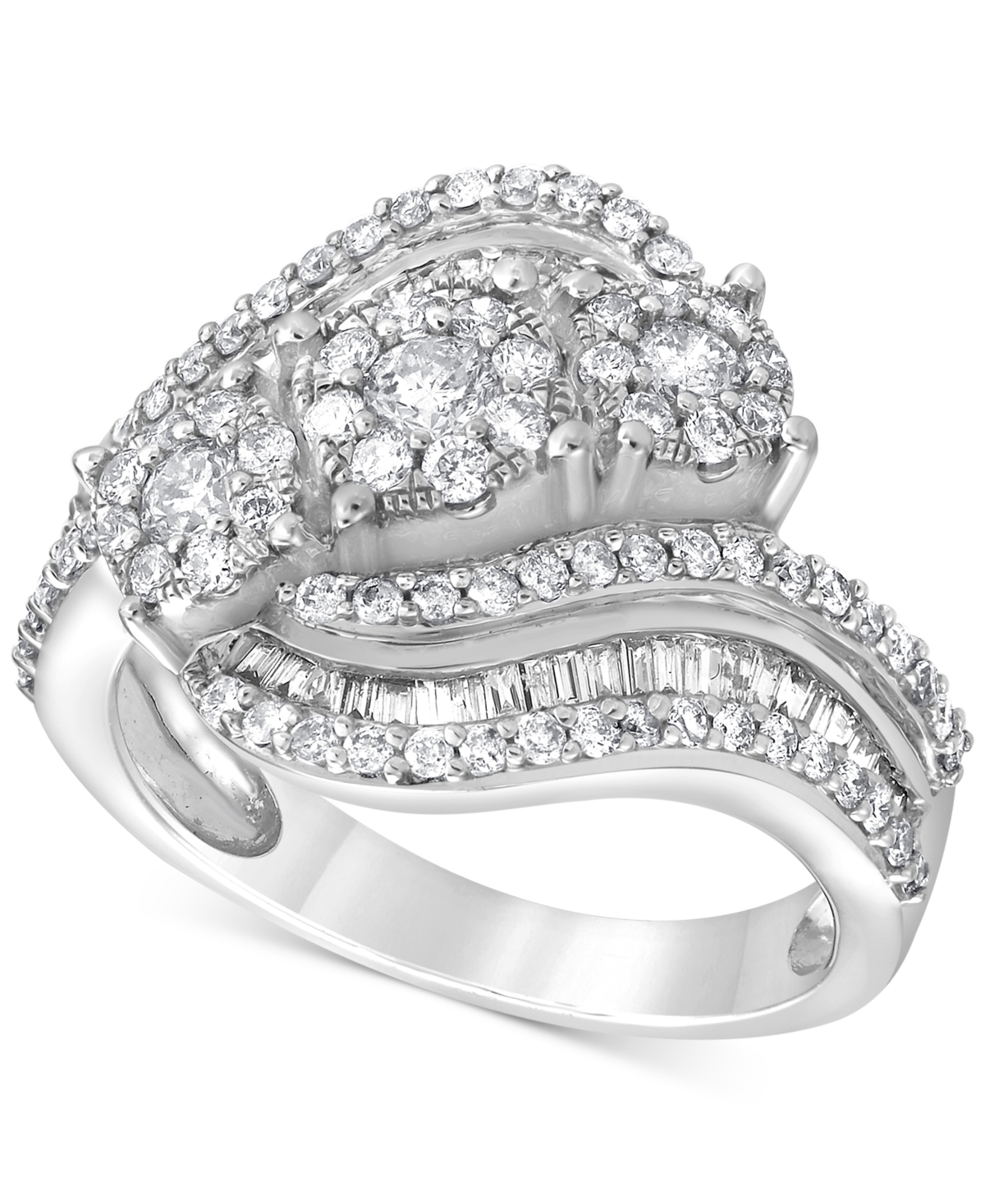 Click here for Diamond Round & Baguette Triple Cluster Swirl Ring... prices