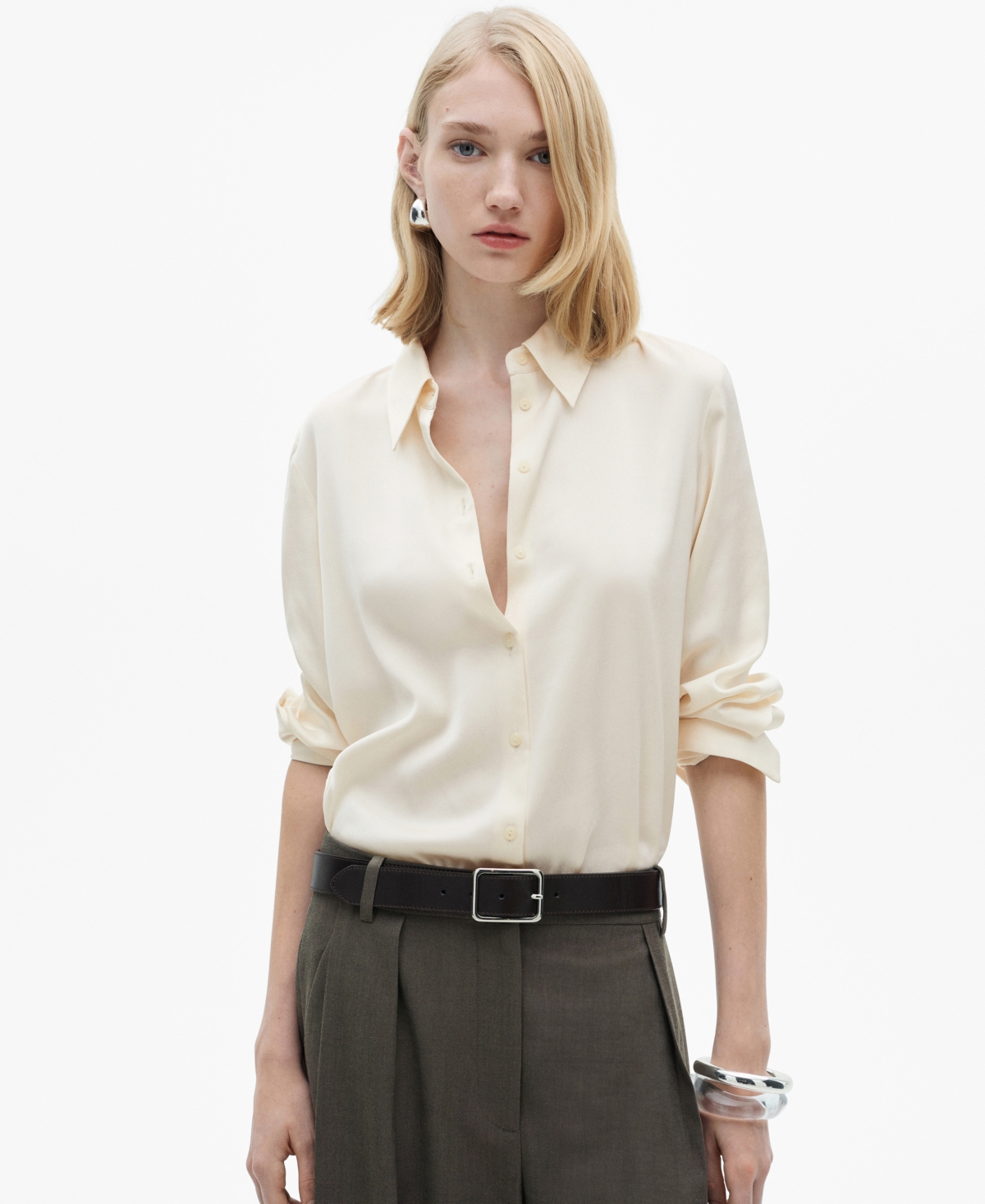 Click here for Mango Womens Satin Finish Flowy Shirt - Off White prices