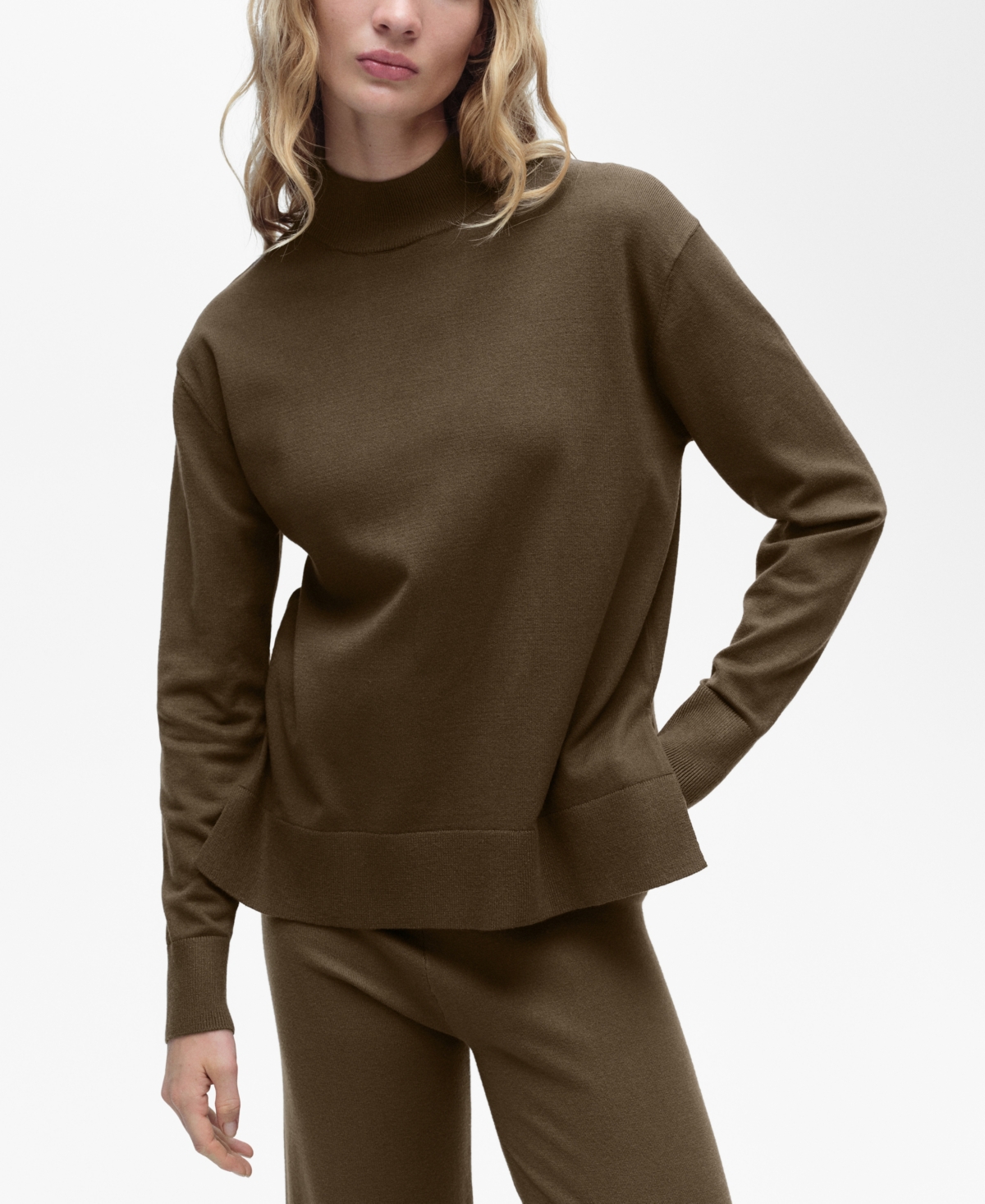 Click here for Mango Womens Perkins Neck Knitted Sweater - Khaki prices