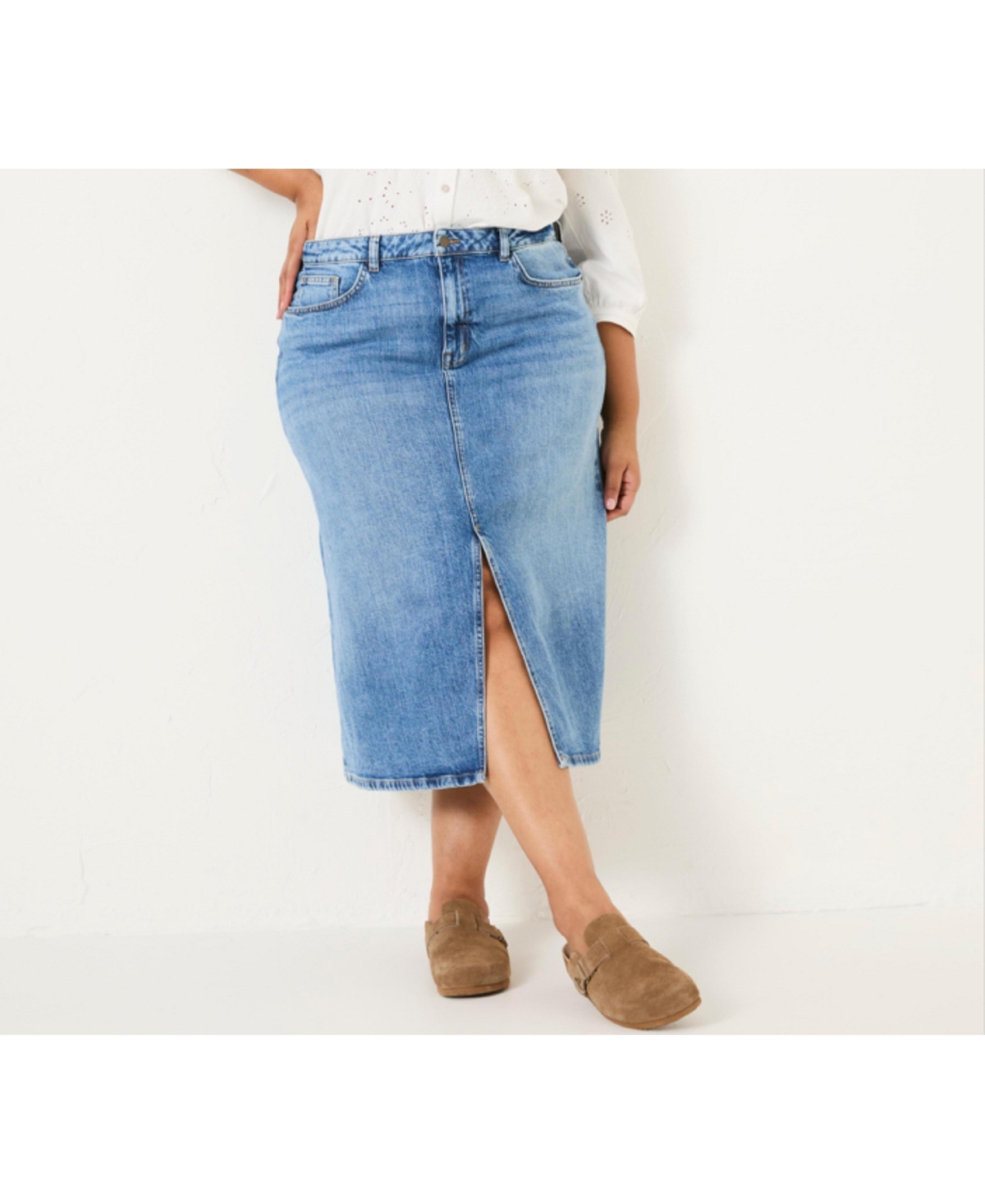 Click here for FatFace Plus Size Carla Midi Skirt - Blue denim prices