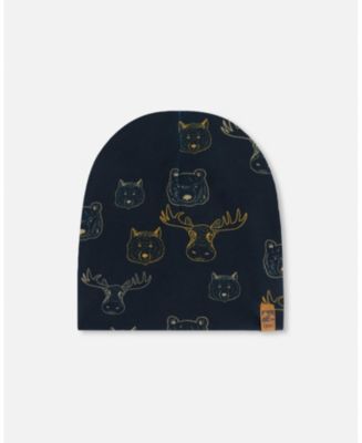 Deux par Deux Boy Printed Beanie Hat Beige Animals On Black Background ...
