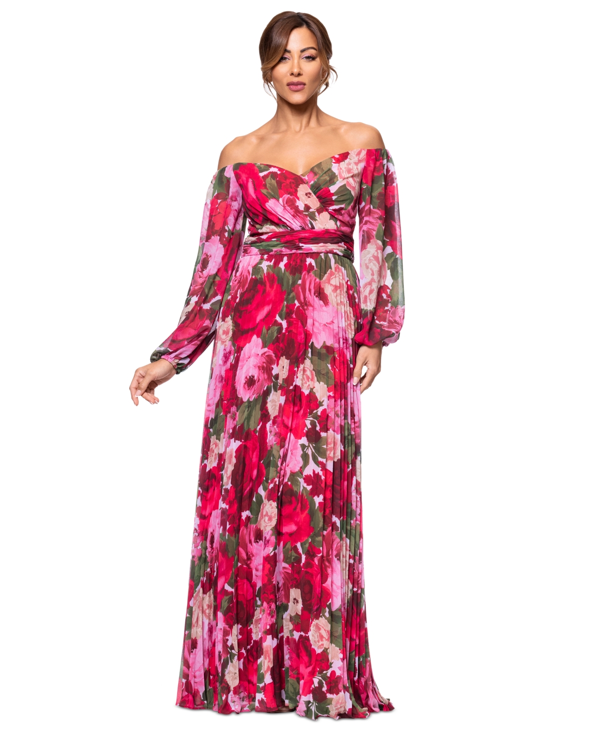 Click here for Xscape Petite Floral-Print Pleated Off-The-Shoulde... prices