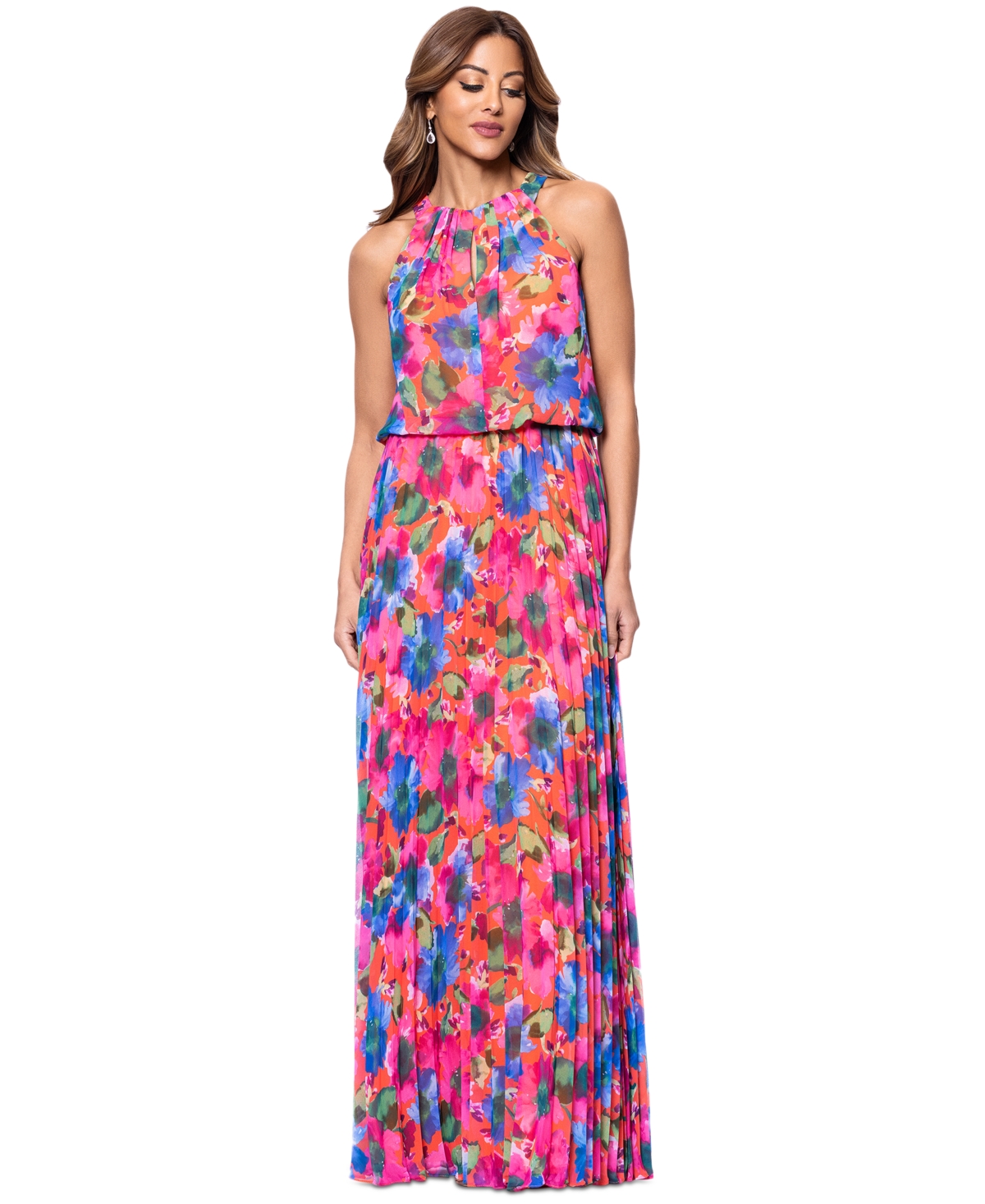 Click here for Xscape Womens Floral Chiffon Pleated Halter Gown -... prices