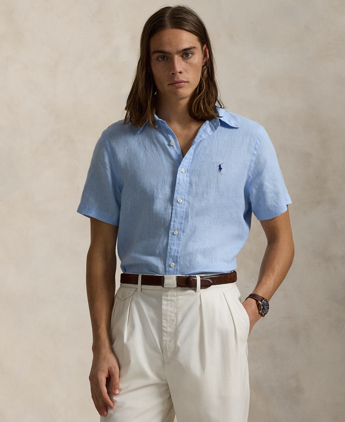 Polo Ralph Lauren Mens Short-Sleeve Linen Button-Up - Office Blue