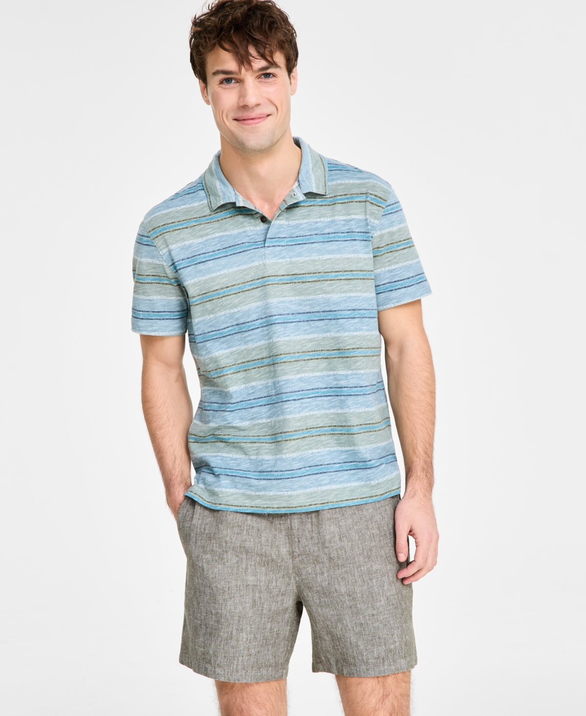 Click here for Sun + Stone Mens Regular-Fit Textured Stripe Polo... prices
