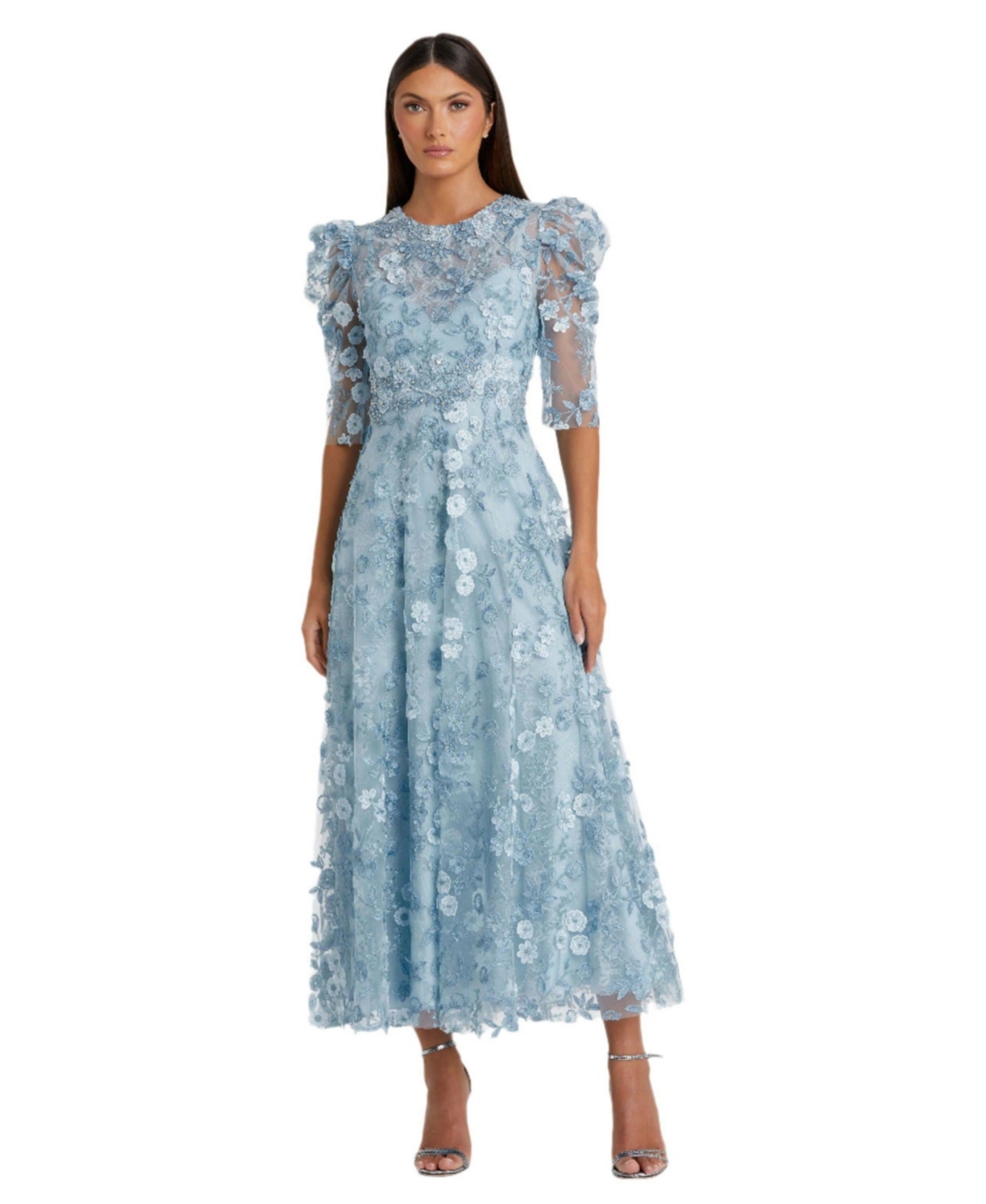 Womens Applique High Neck Puff Sleeve A Line Dress - French blue