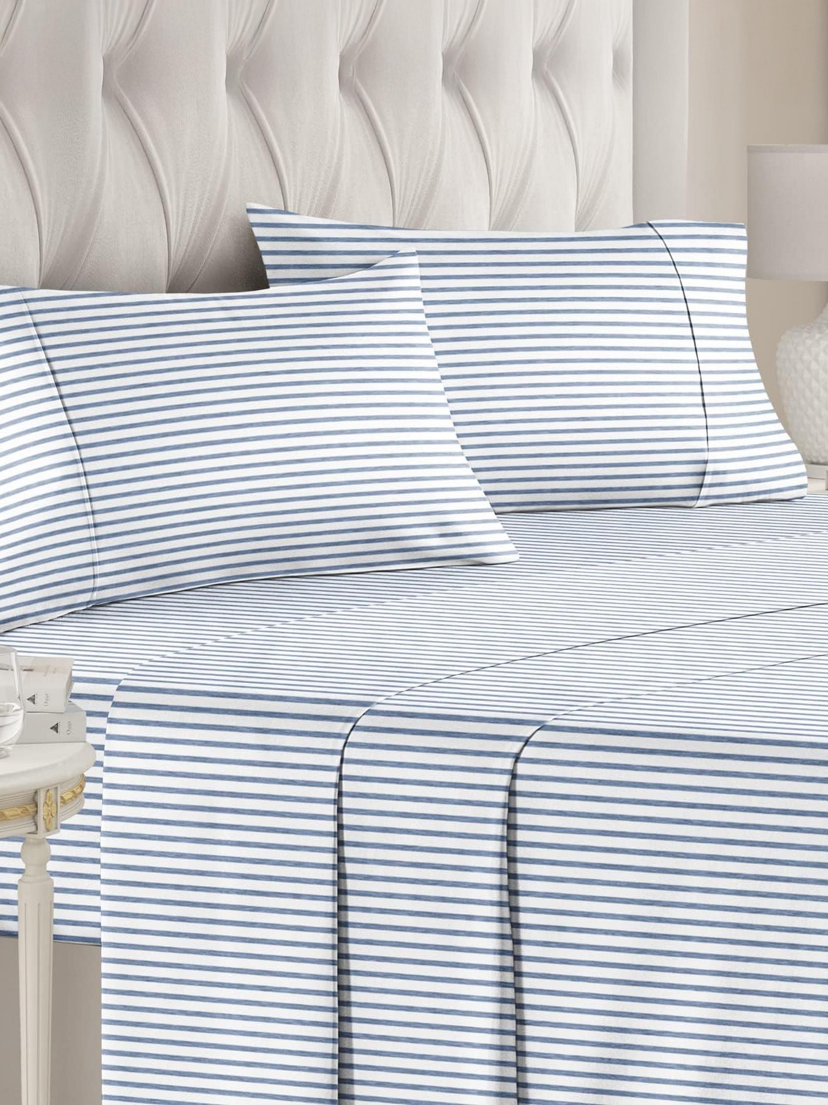 Click here for 4 Piece Microfiber Sheet Set - Full - Blue stripes... prices