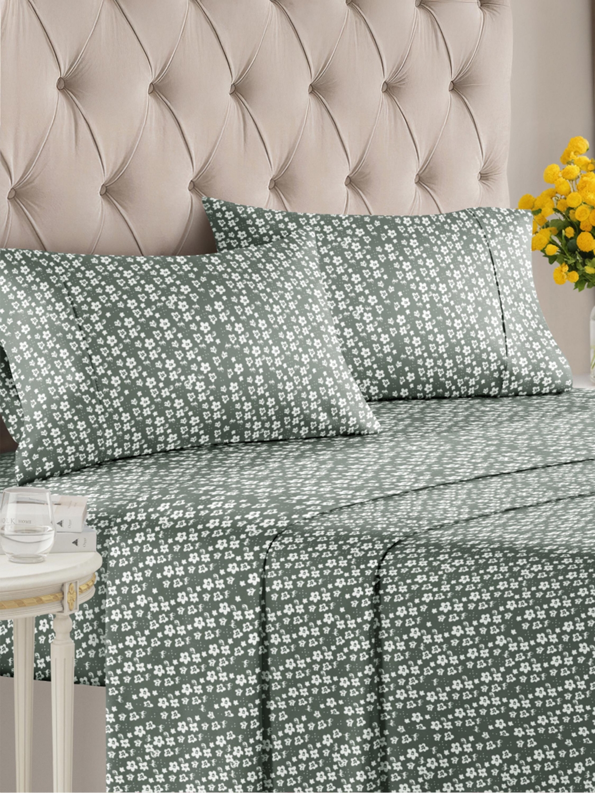 Click here for 4 Piece Microfiber Floral Sheet Set - Queen - Gree... prices