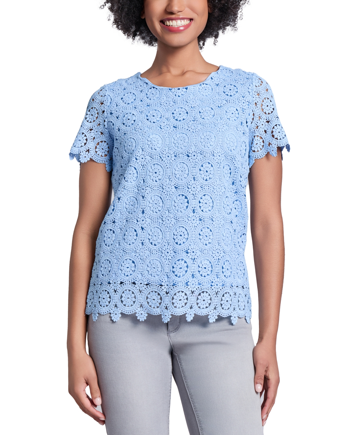 Click here for Jones New York Petite Short-Sleeve Lace Top - Chin... prices
