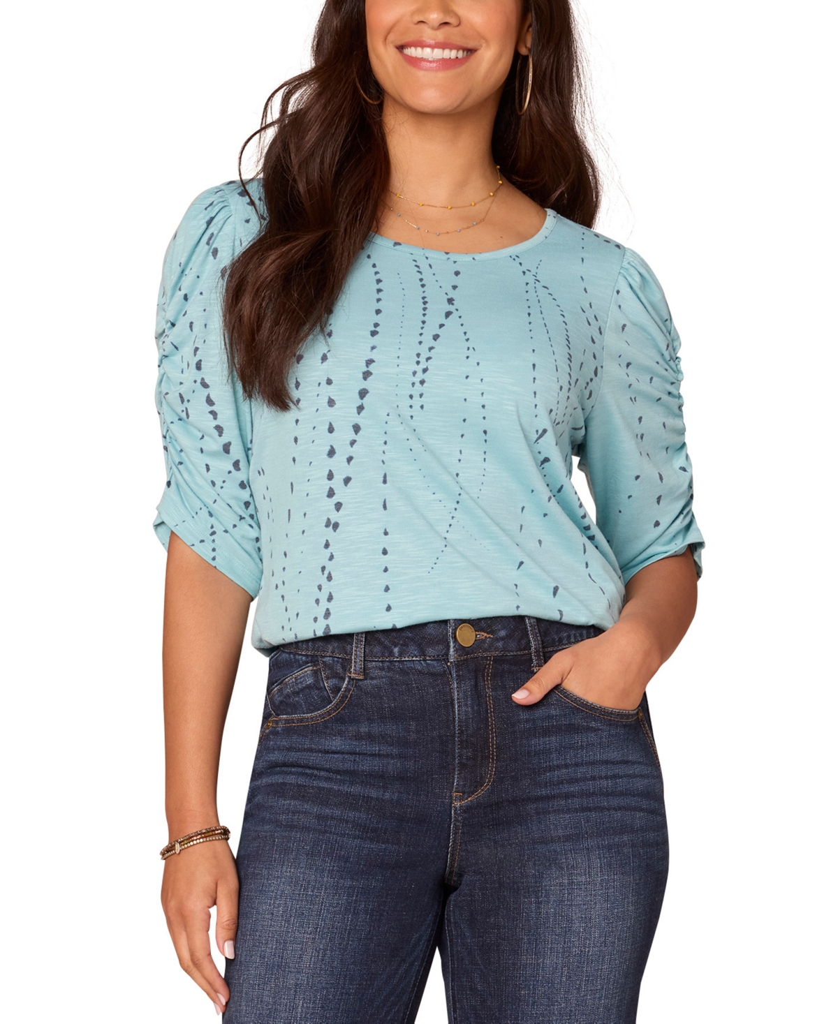 Click here for Democracy Petite Printed Ruched-Sleeve Scoop-Neck... prices