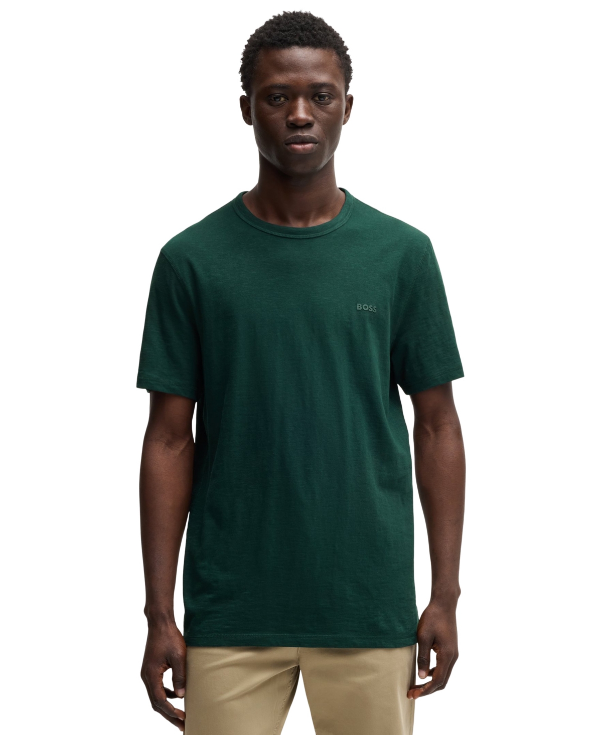 Boss by Hugo Boss Mens Slub-Cotton Logo Detail T-Shirt - Open Green