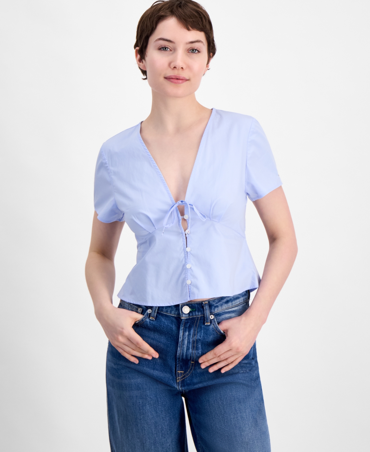 Click here for Tommy Jeans Womens Cotton Poplin Tie-Front Blouse... prices