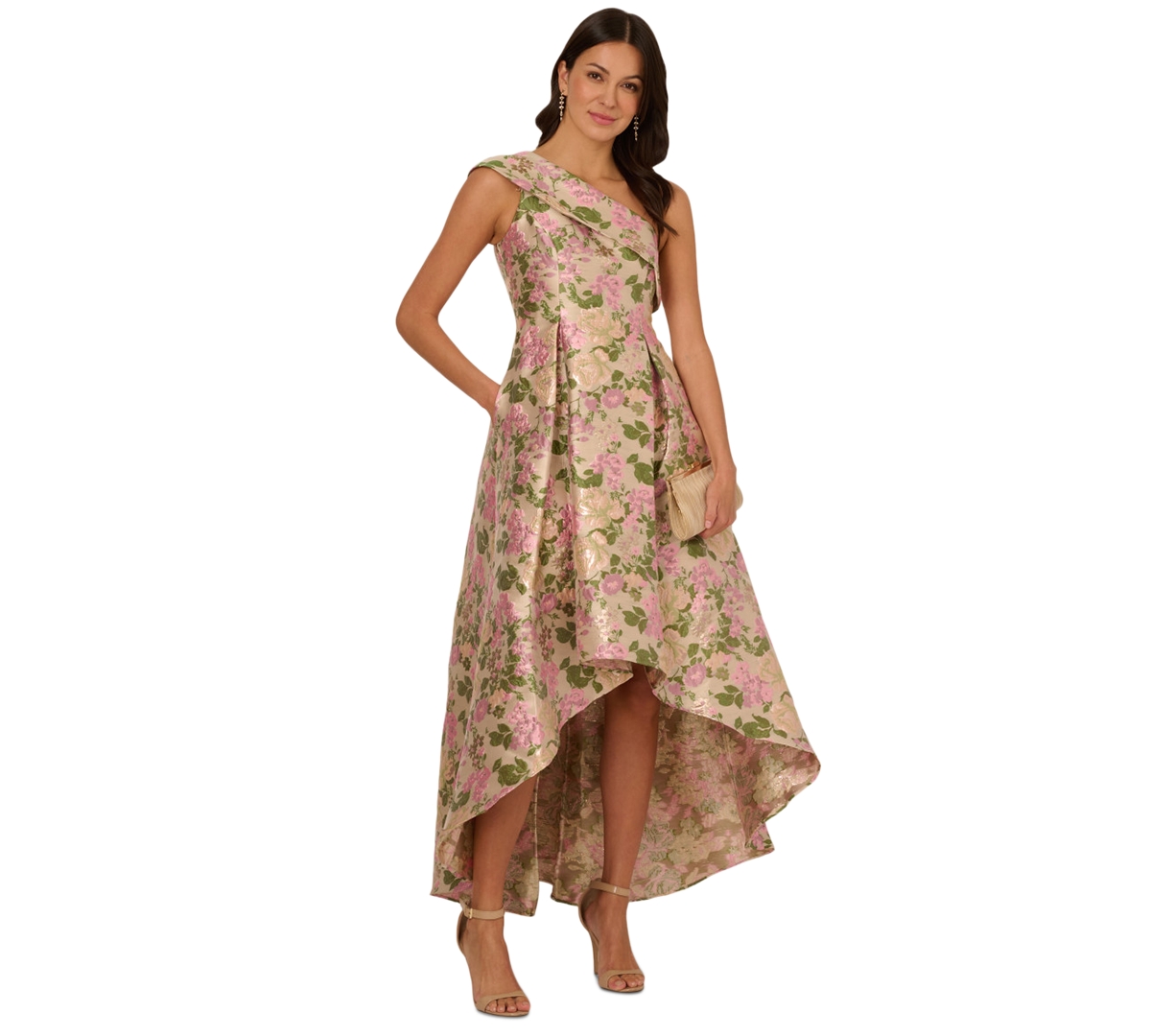 Click here for Adrianna Papell Womens Jacquard High-Low One-Shoul... prices