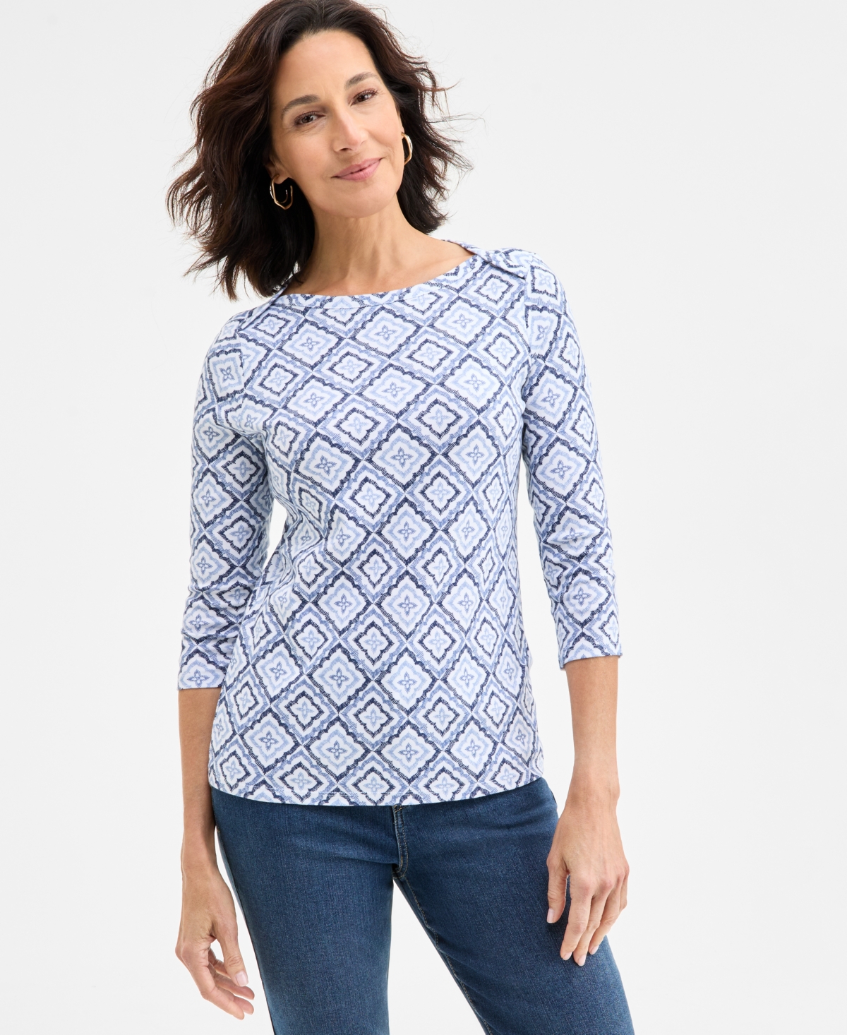 Click here for Style & Co Womens Printed Cotton 3/4-Sleeve Top  E... prices